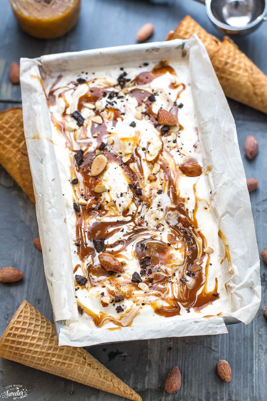 No Churn Salted Caramel Oreo Ice Cream with Almonds + VIDEO